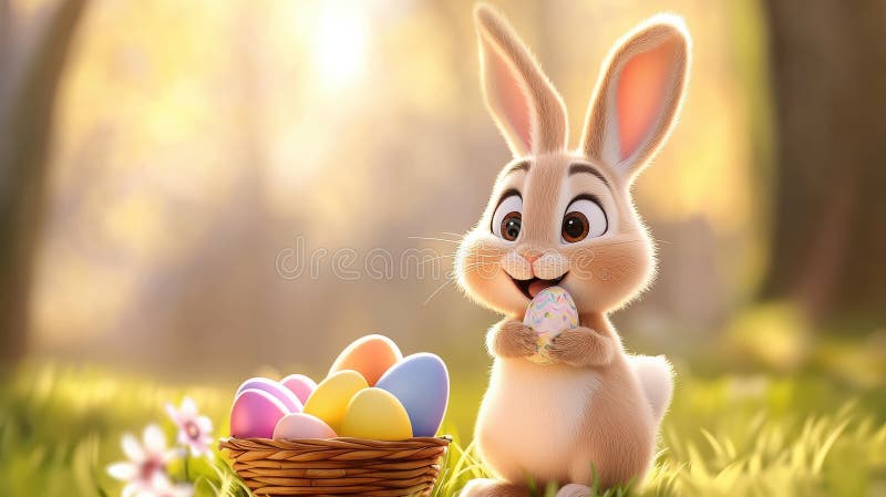 A Cute Animated Rabbit Holding a Basket of Flowers Smiles and Seems ...
