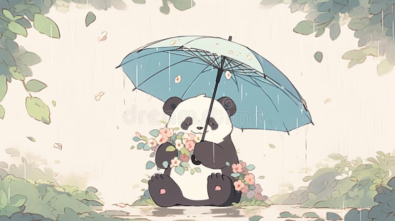 A Cute Anime Artwork of a Panda Holding an Umbrella, Manga Style Stock ...