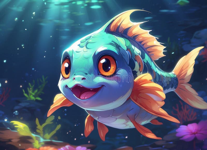 Cute anime fish in the sea stock illustration. Illustration of blue ...