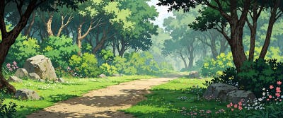 Cute Anime Forest with Trees, Flowers and a Forest Path. Anime Style ...