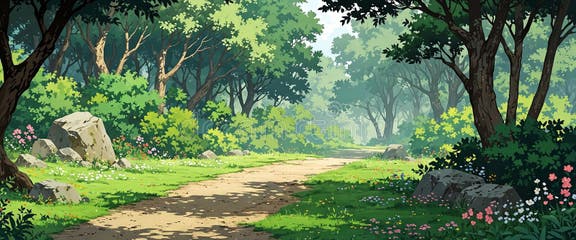 Cute Anime Forest with Trees, Flowers and a Forest Path. Anime Style ...