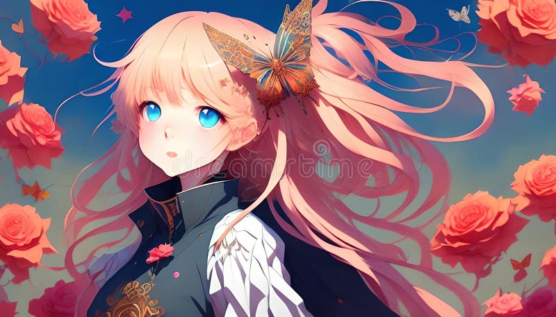 Cute Anime Girl With Blue Eyes Blond Pink Long Hair Roses Flowers Romantic Fantasy Character