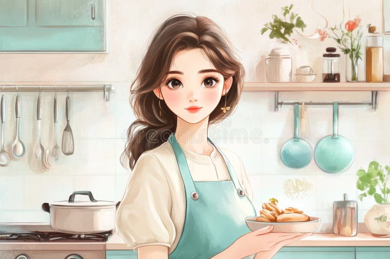 Cute Anime Girl Chef in the Kitchen. Generative AI. Stock Illustration ...