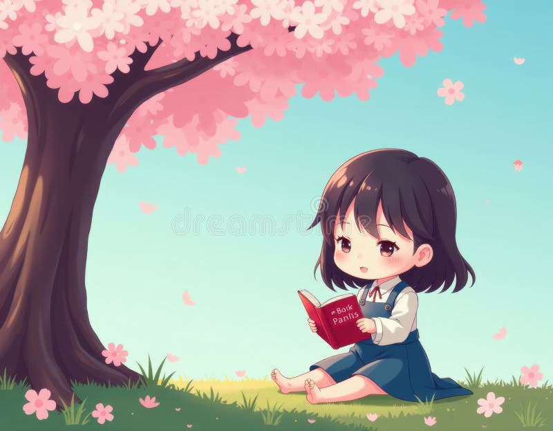 Cute Anime Girl Reading Under Cherry Blossom Tree Stock Illustration ...