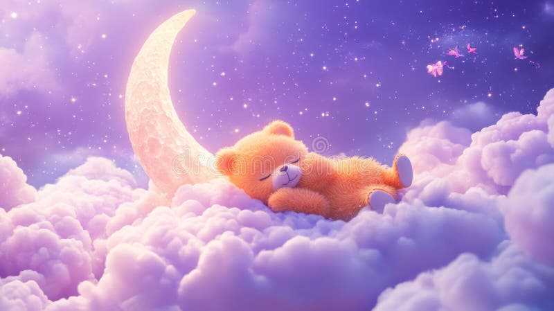 Cute Anime Orange Bear Sleeping on Crescent Moon with Dreamy Clouds ...