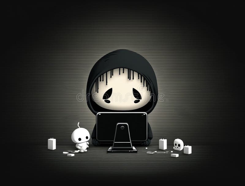 Cute Anonymous Hacker with White Hoodie Using Computer Laptop. Concept ...