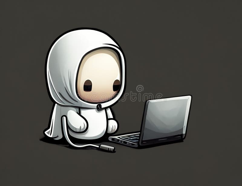 Cute Anonymous Hacker with White Hoodie Using Computer Laptop. Concept ...