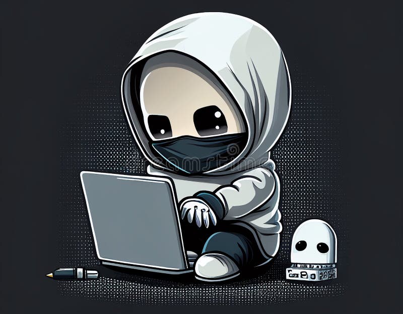 Cute Anonymous Hacker with White Hoodie Using Computer Laptop. Concept ...