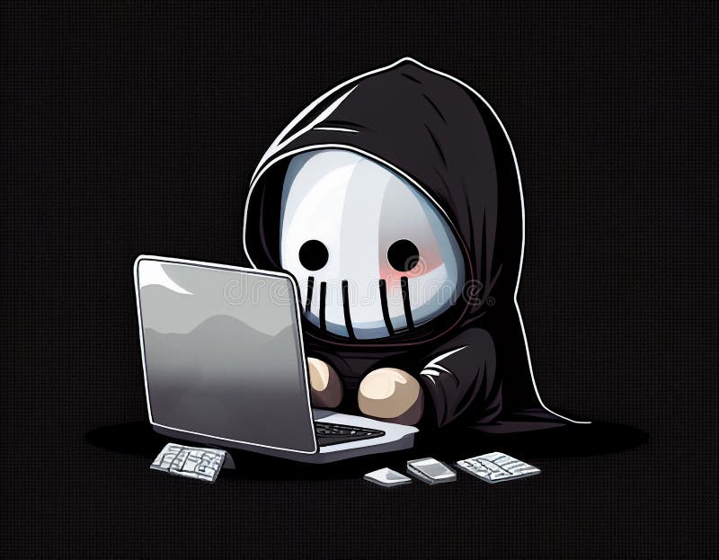 Cute Anonymous Hacker with White Hoodie Using Computer Laptop. Concept ...