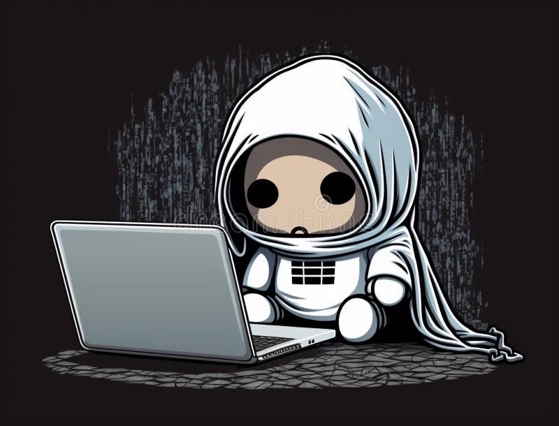 Cute Anonymous Hacker with White Hoodie Using Computer Laptop. Concept ...