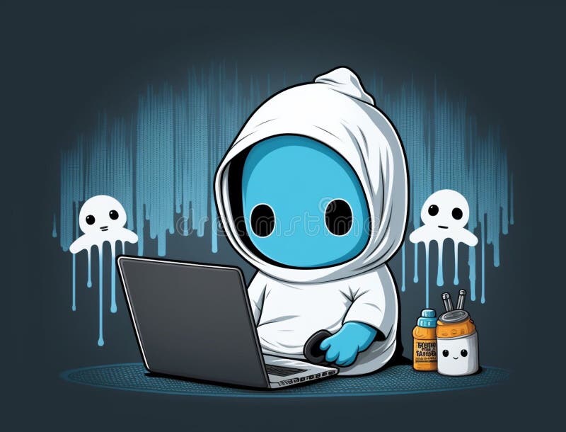 Cute Anonymous Hacker with White Hoodie Using Computer Laptop. Concept ...