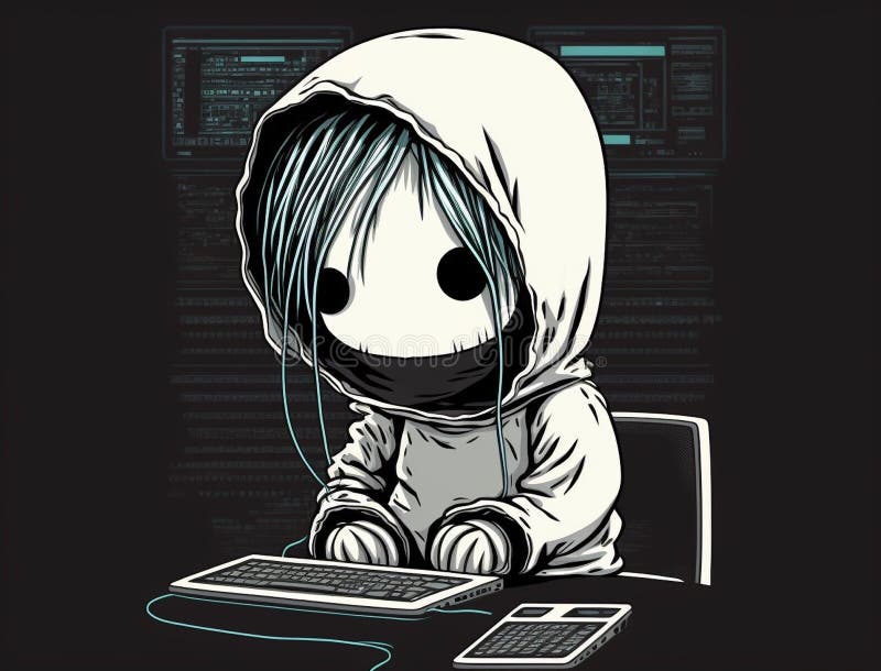 Cute Anonymous Hacker with White Hoodie Using Computer Laptop. Concept ...