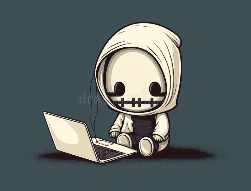 Cute Anonymous Hacker with White Hoodie Using Computer Laptop. Concept ...