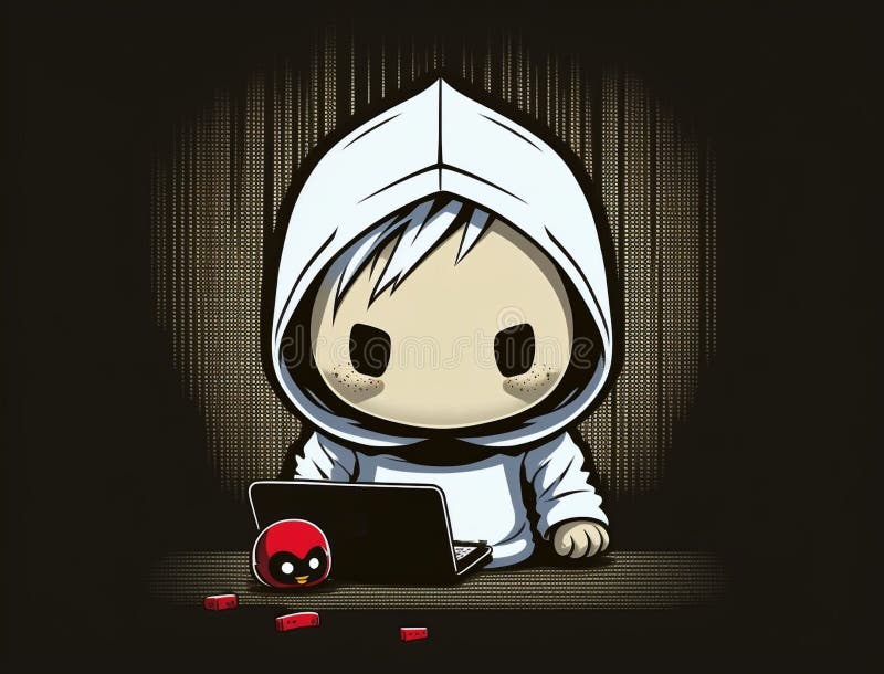 Cute Anonymous Hacker with White Hoodie Using Computer Laptop. Concept ...