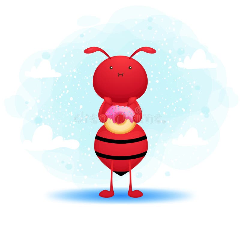 Cute Ant Holding and Eat Donut Cartoon Character Premium Vector Stock ...