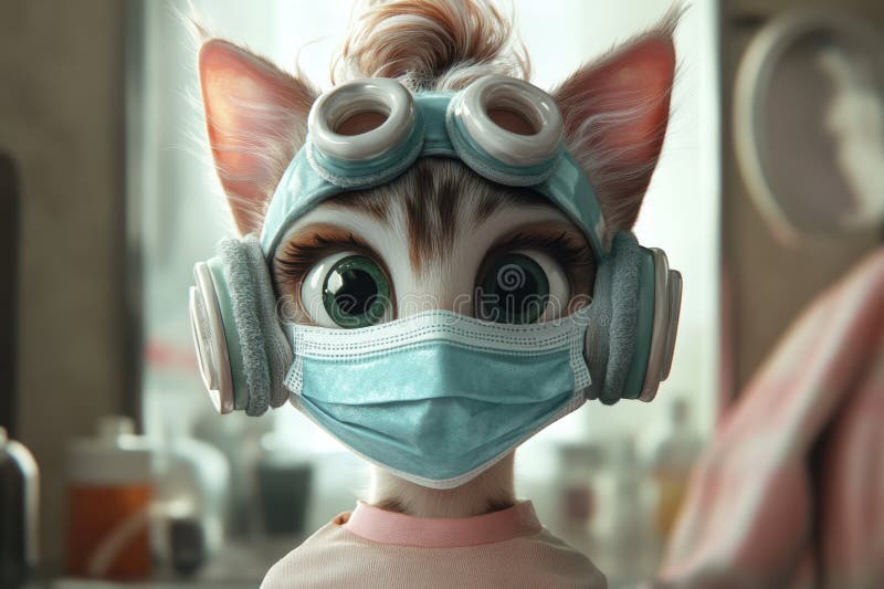 Cute Anthropomorphic Cat in Medical Mask and Goggles in Whimsical ...