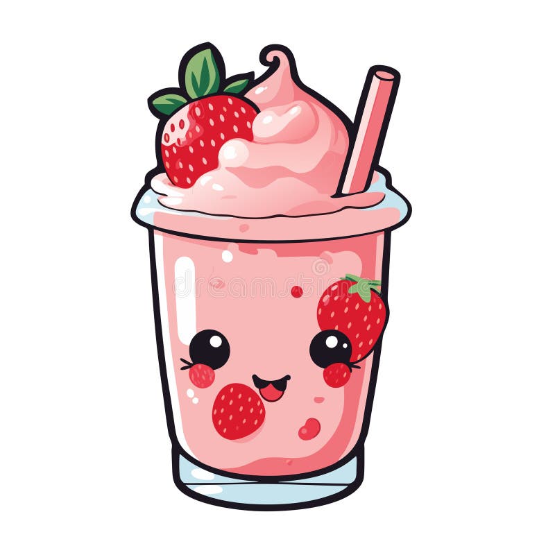 A Cute, Anthropomorphic Strawberry Milkshake with a Smiling Face Stock ...