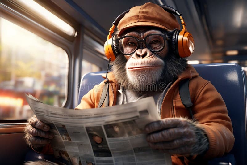 Cute Ape Reading Newspaper on the Bus Stock Illustration - Illustration ...