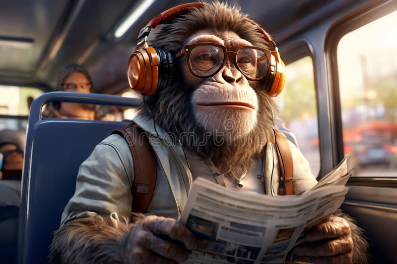 Cute Ape Reading Newspaper on the Bus Stock Illustration - Illustration ...