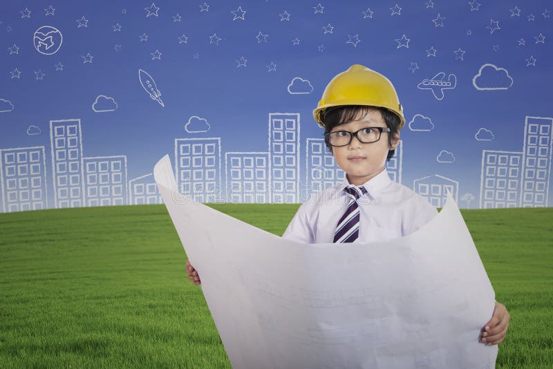 Cute Architect Boy Holding Plan Outdoor Stock Photo - Image of ...