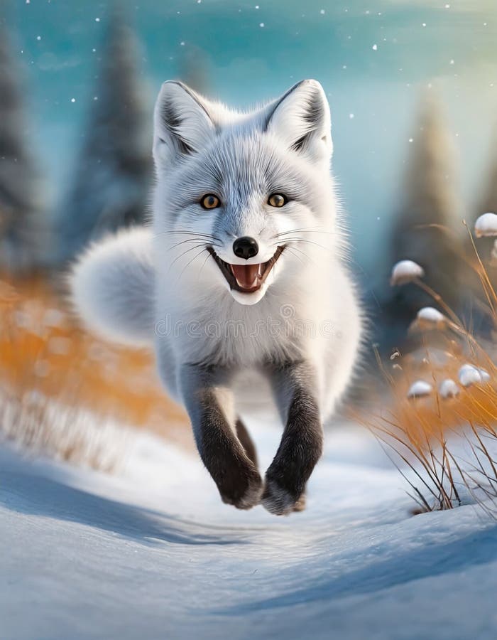 Cute Artic Fox Running and Smiling through a Winter Landscape Stock ...