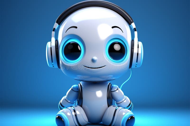Cute Artificial Intelligence Chat Bot with Headphones on Blue Backdrop ...