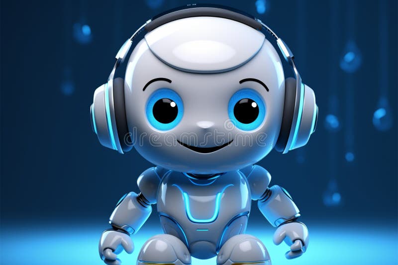 Cute Artificial Intelligence Chat Bot with Headphones on Blue Backdrop ...