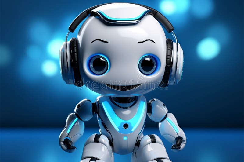 Cute Artificial Intelligence Chat Bot with Headphones on Blue Backdrop ...