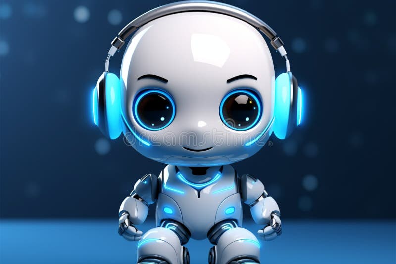 Cute Artificial Intelligence Chat Bot with Headphones on Blue Backdrop ...