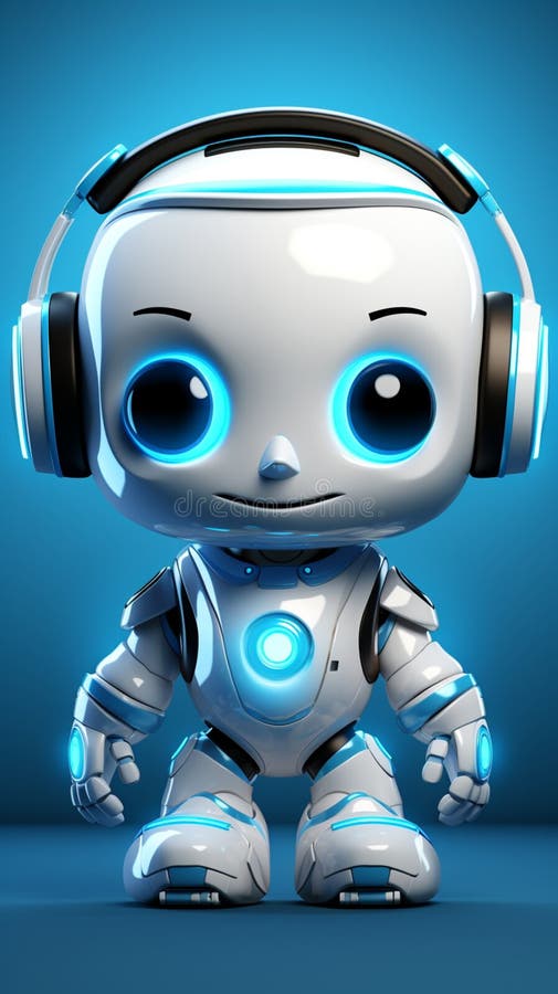 Cute Artificial Intelligence Chat Bot with Headphones on Blue Backdrop ...