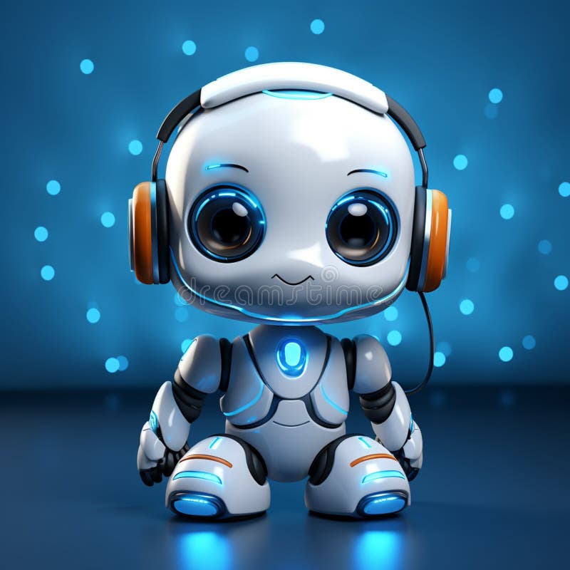 Cute Artificial Intelligence Chat Bot with Headphones on Blue Backdrop ...