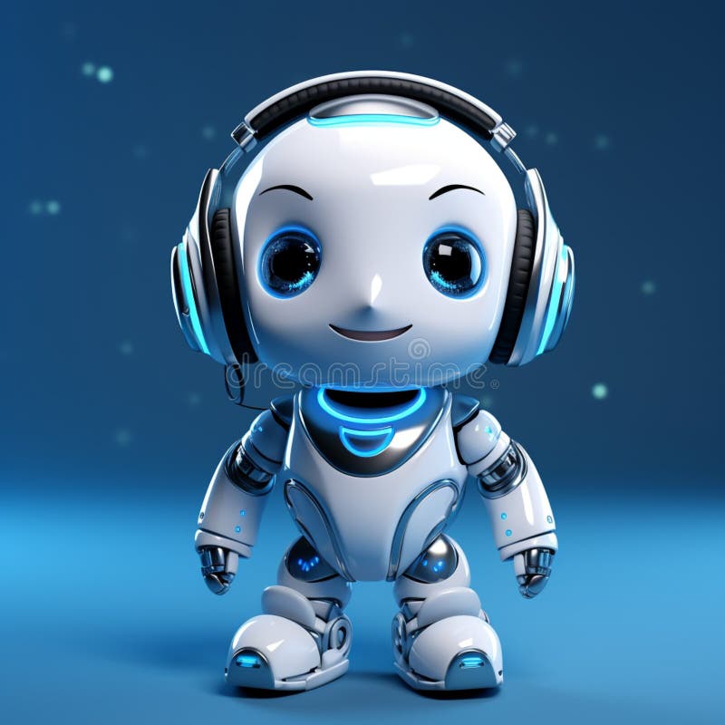 Cute Artificial Intelligence Chat Bot with Headphones on Blue Backdrop ...