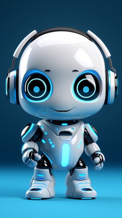 Cute Artificial Intelligence Chat Bot with Headphones on Blue Backdrop ...