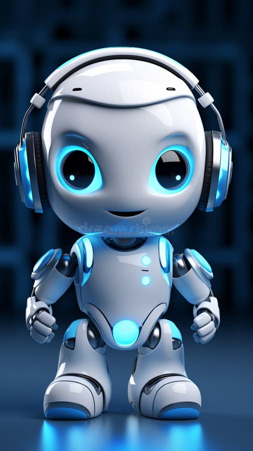 Cute AI Chat Bot, Isolated on Blue, Wearing Stylish Headphones Stock ...