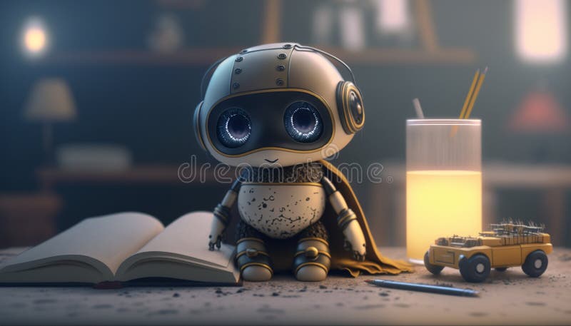 Cute Artificial Intelligence Robot Reading a Book Stock Illustration ...