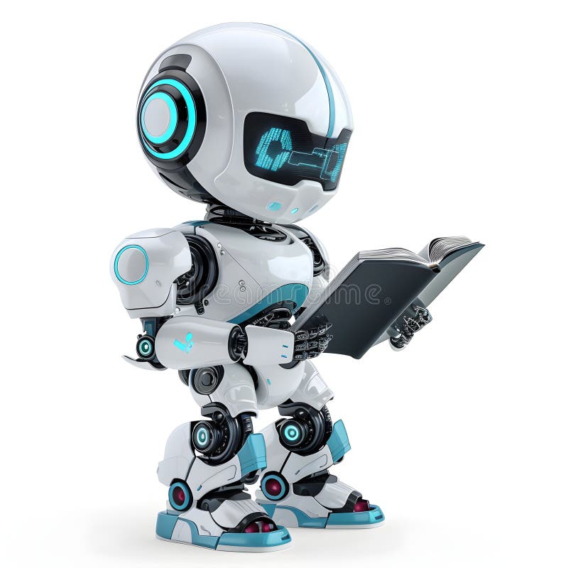 Cute Artificial Intelligence Robot Reading a Book. Machine Learning ...