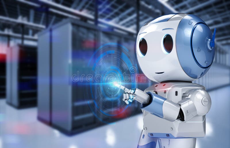 Robot in server room stock illustration. Illustration of center - 147338361