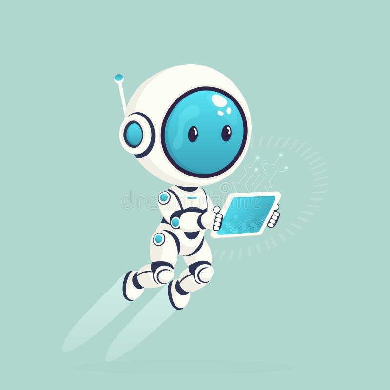 Cute Artificial Intelligence Smart Mini Robot with Tablet Flat Vector ...