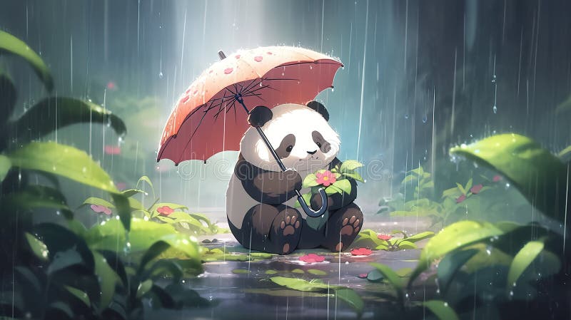 A Cute Artwork of a Panda Holding an Umbrella in Rain Stock ...