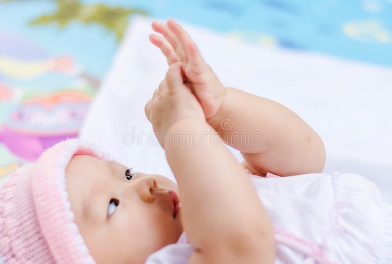 Cute Asian Baby Lie on Ground Stock Photo - Image of pretty, portrait ...