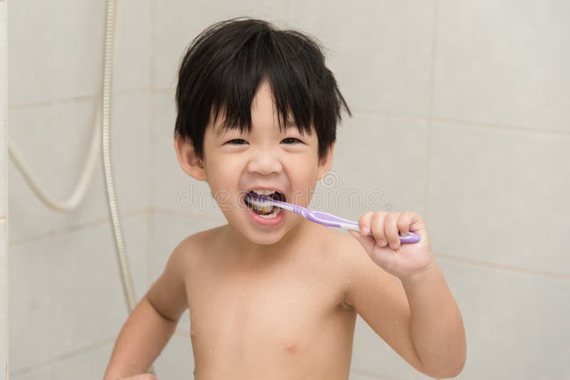 Cute Asian Boy Brushing Teeth Stock Photo - Image of child, little ...