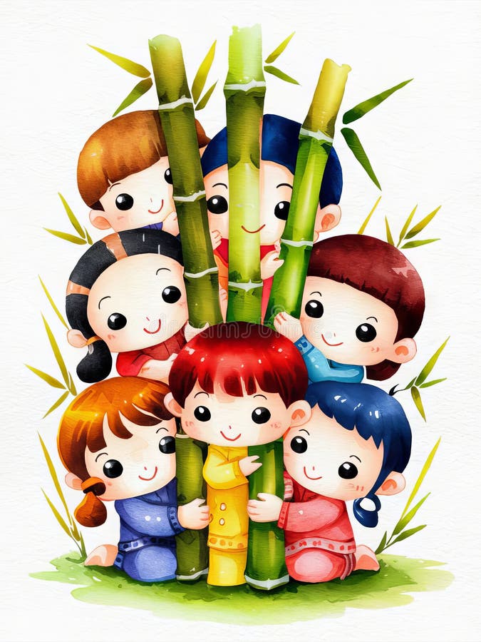 Cute Asian Children in Bamboo Stock Illustration - Illustration of ...