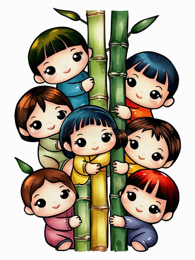 Cute Asian Children in Bamboo Stock Illustration - Illustration of ...