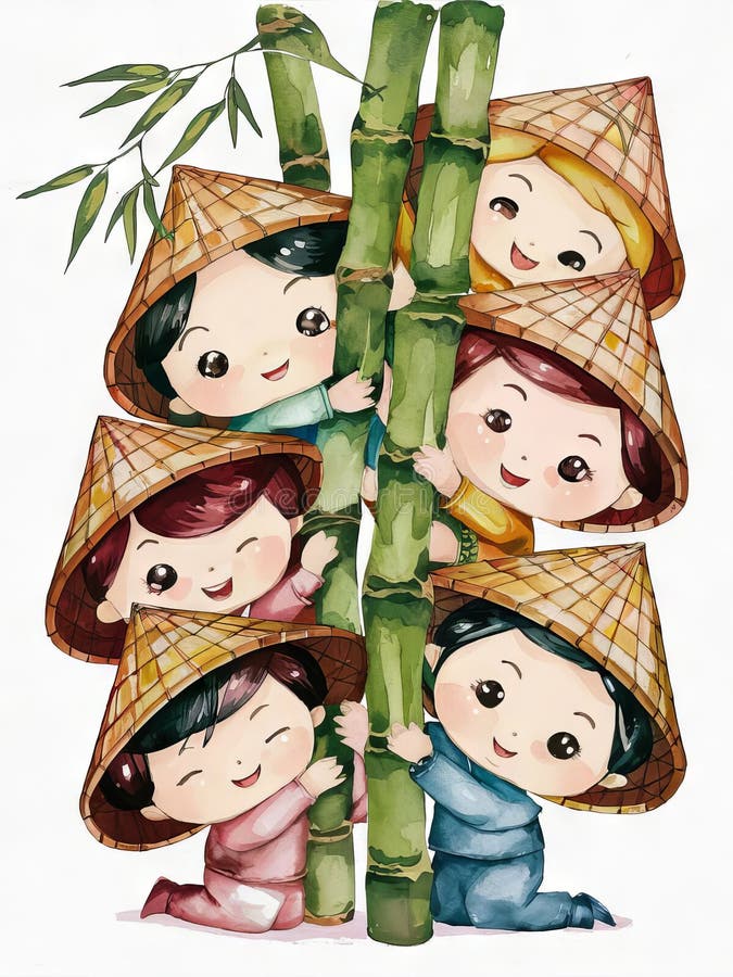Cute Asian Children in Bamboo Stock Illustration - Illustration of ...
