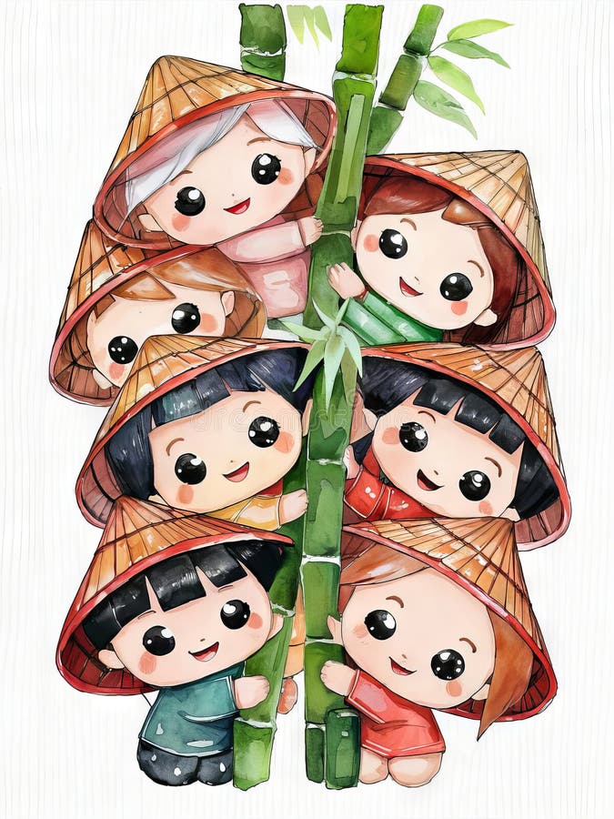Cute Asian Children in Bamboo Stock Illustration - Illustration of pole ...