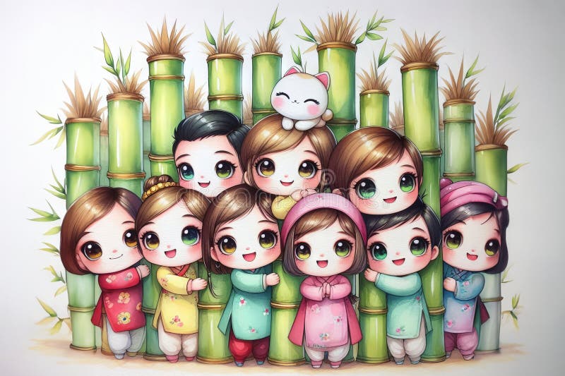 Cute Asian Children in Bamboo Stock Illustration - Illustration of ...