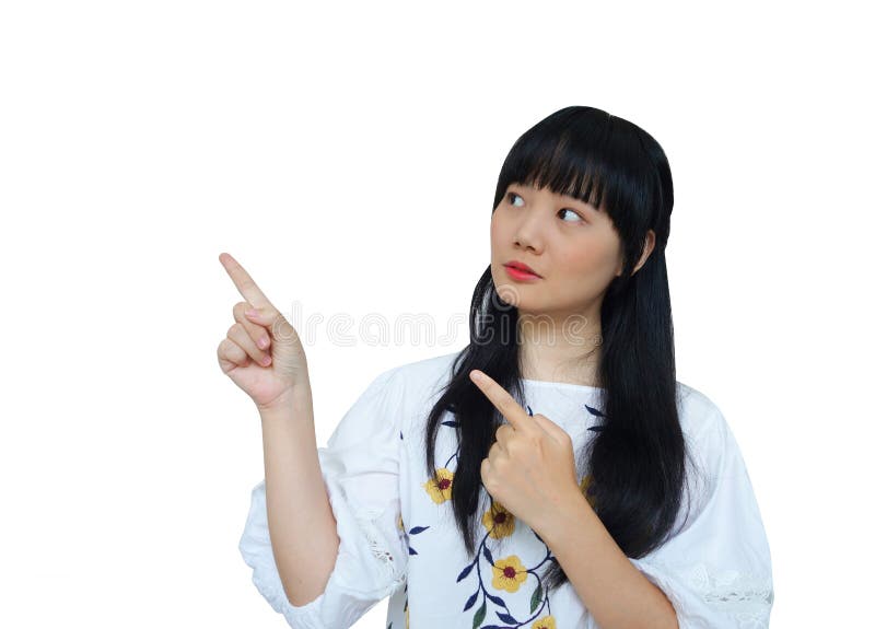 Cute Asian Girl Pointing Finger at Side Stock Image - Image of cute ...