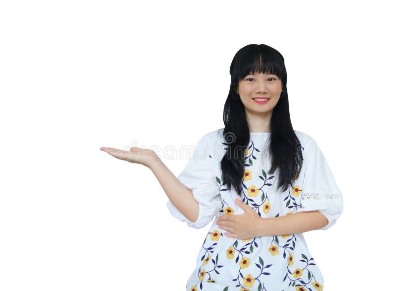 Cute Asian Girl Presenting Hand at Side Stock Image - Image of ...