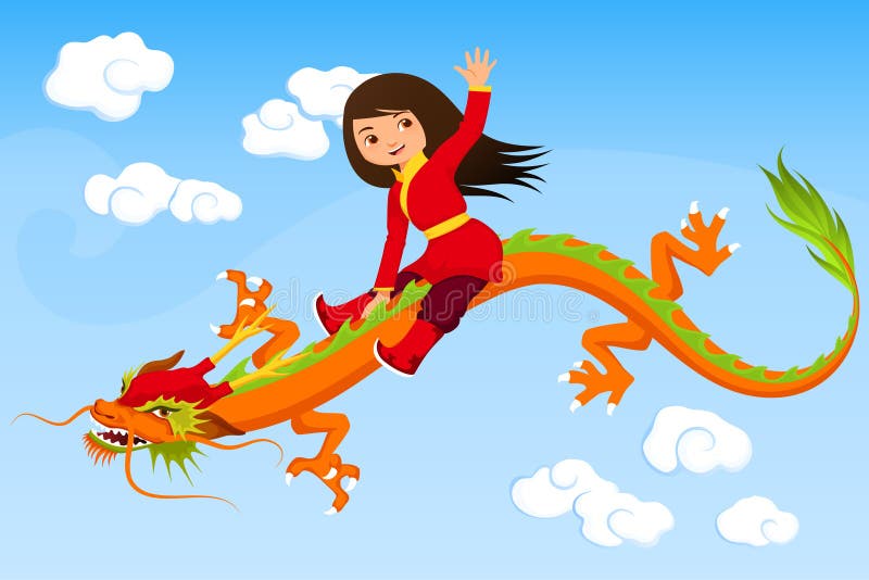 Cute Asian Girl Riding a Dragon Stock Vector - Illustration of greeting ...