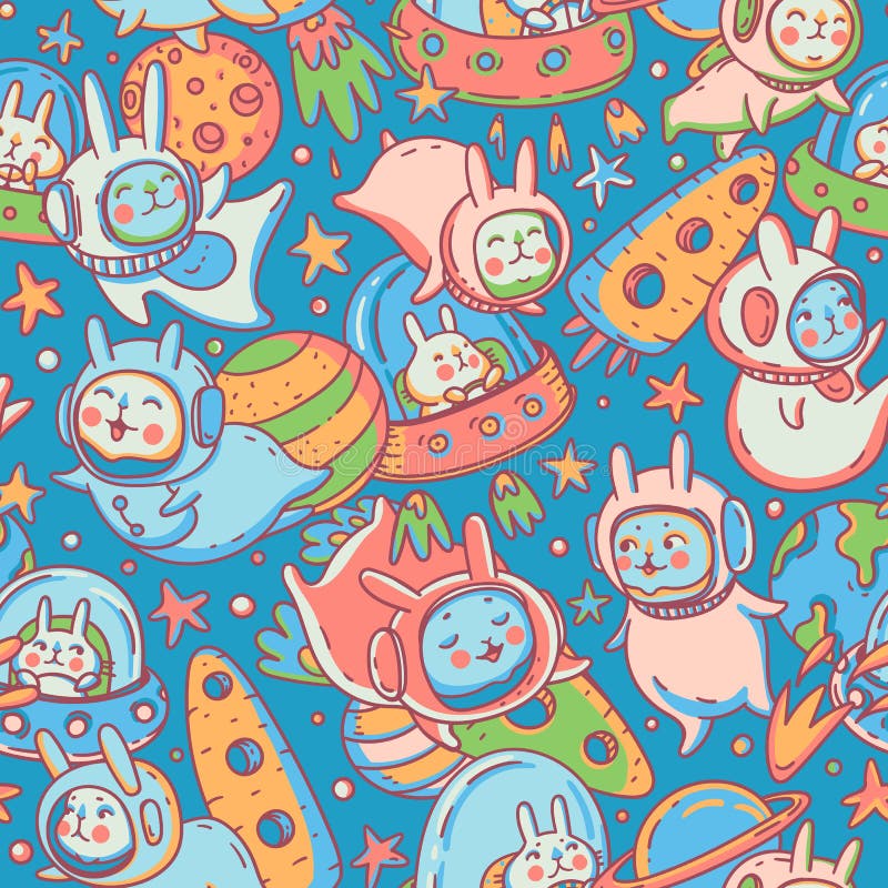 Cute Astronaut Bunnies Vector Seamless Pattern, Doodle Funny Space ...